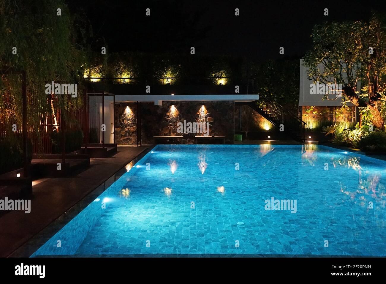 Exterior architecture and design of Public swimming pool with lighting ...