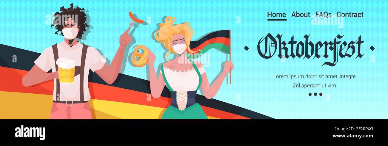 people having fun Oktoberfest party festival celebration man woman wearing masks to prevent ...