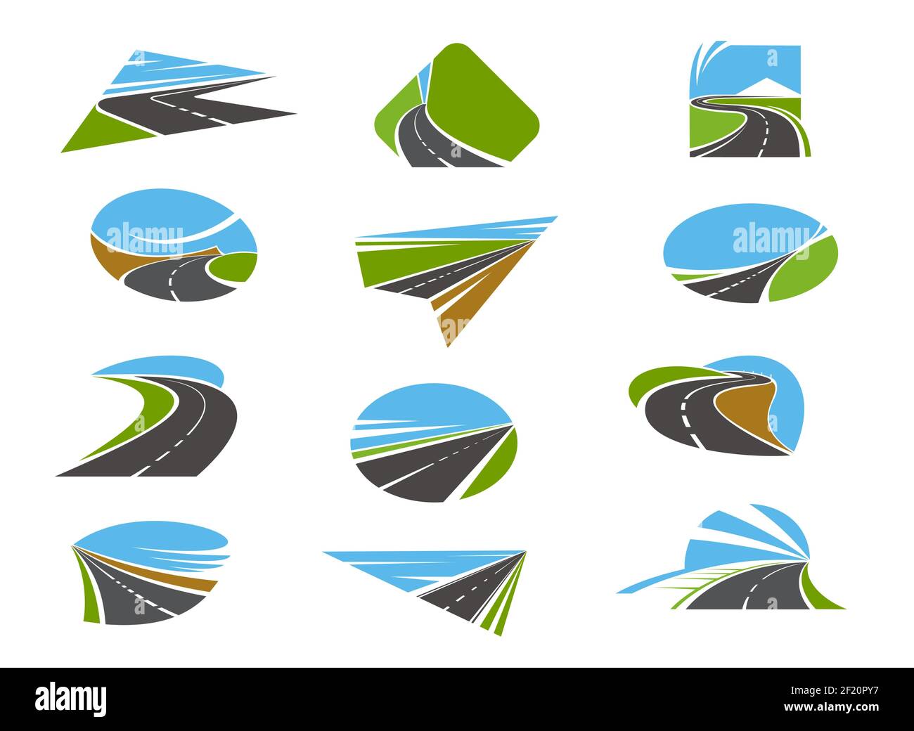 Road icons, highway and pathway routes with traffic ways, vector. Road ...