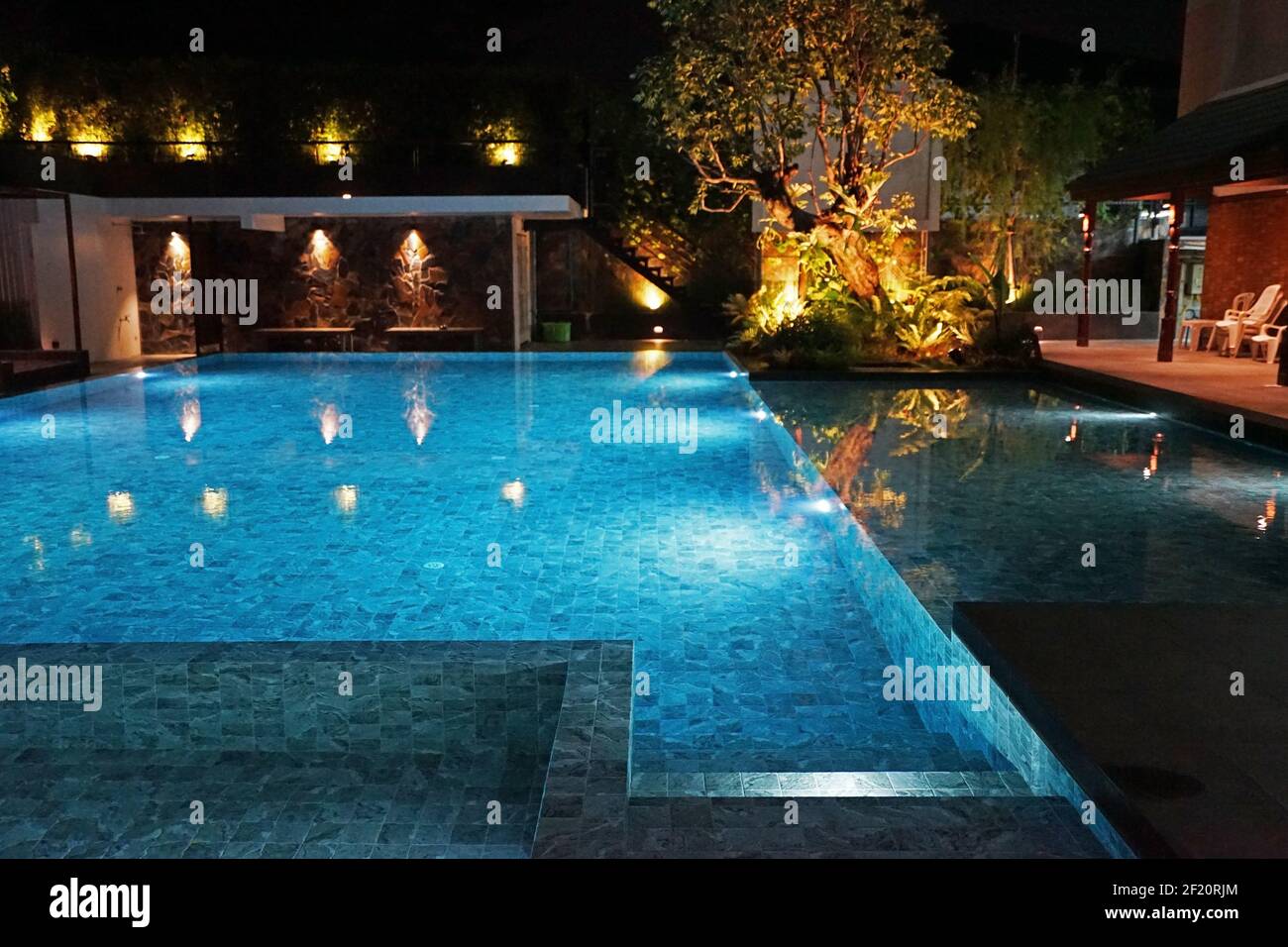 Exterior architecture and design of Public swimming pool with lighting ...