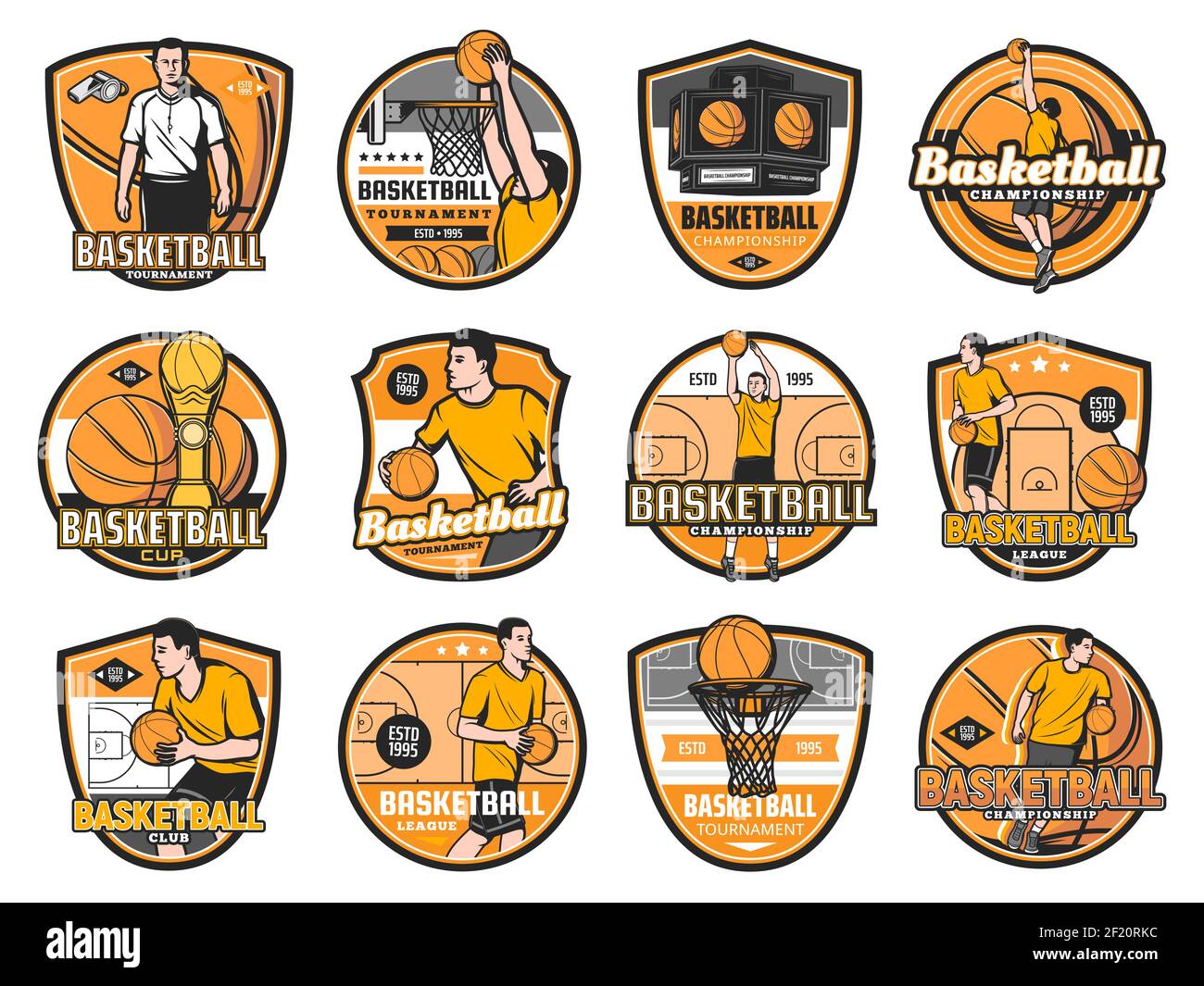 Basketball tournament, championship and club emblems, varsity league ...