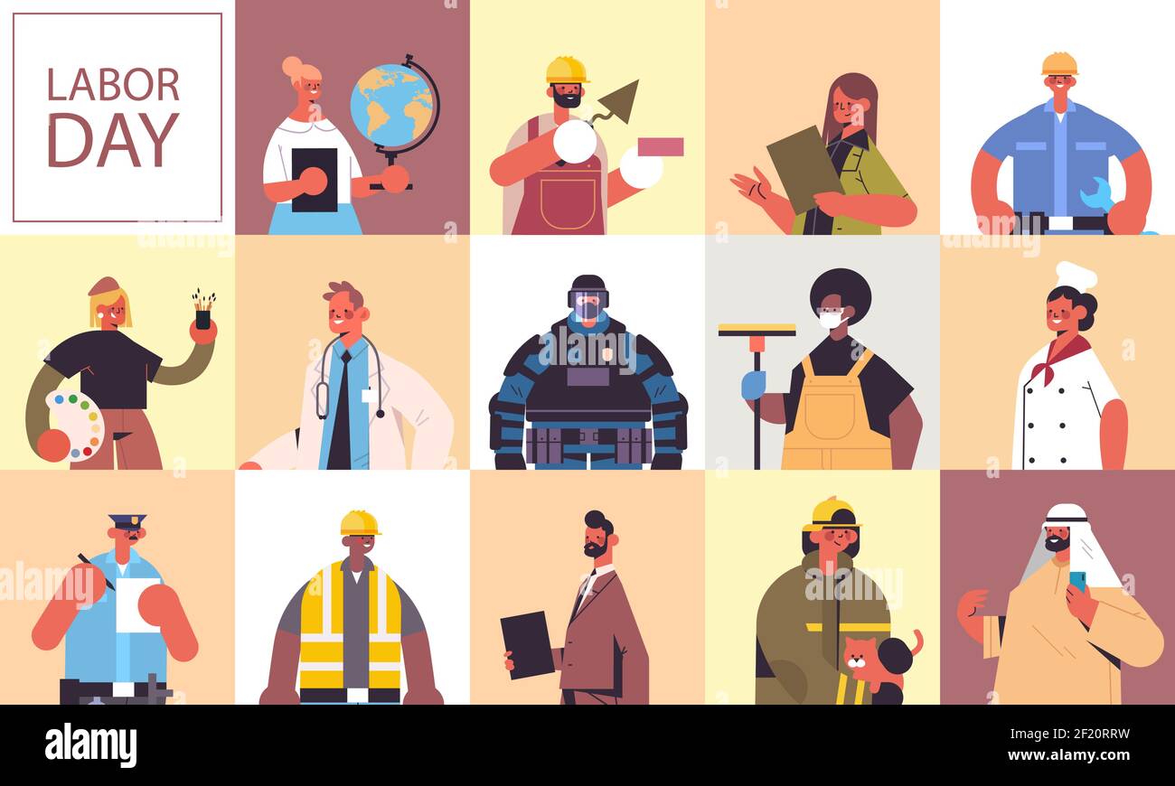 set people of different occupations celebrating labor day mix race men ...