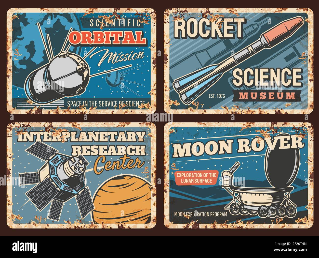 Space rockets, planets exploration metal rusty plates, vector orbital ...