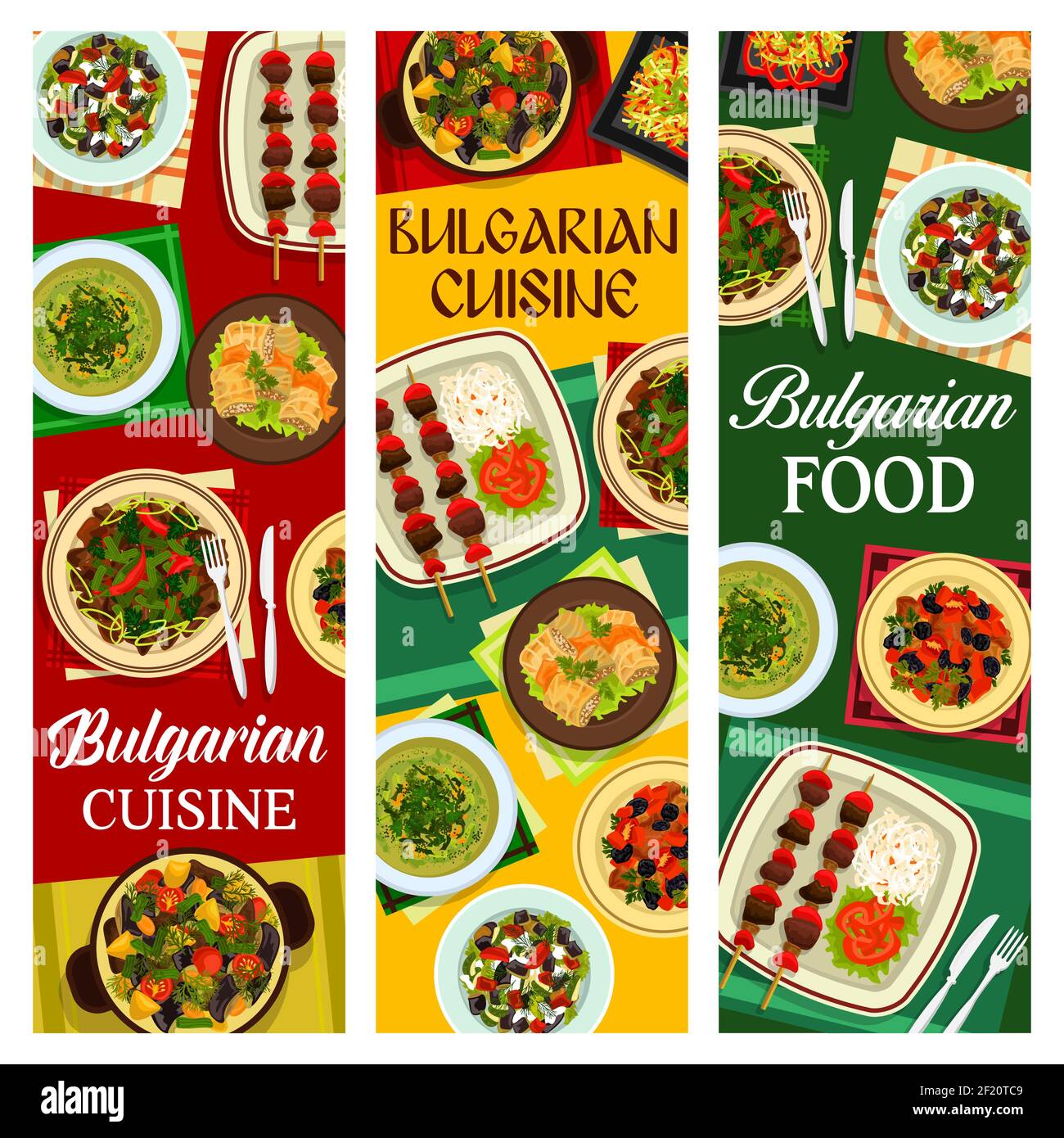Bulgarian cuisine vector cabbage soup, pork stewed with prunes, stuffed ...