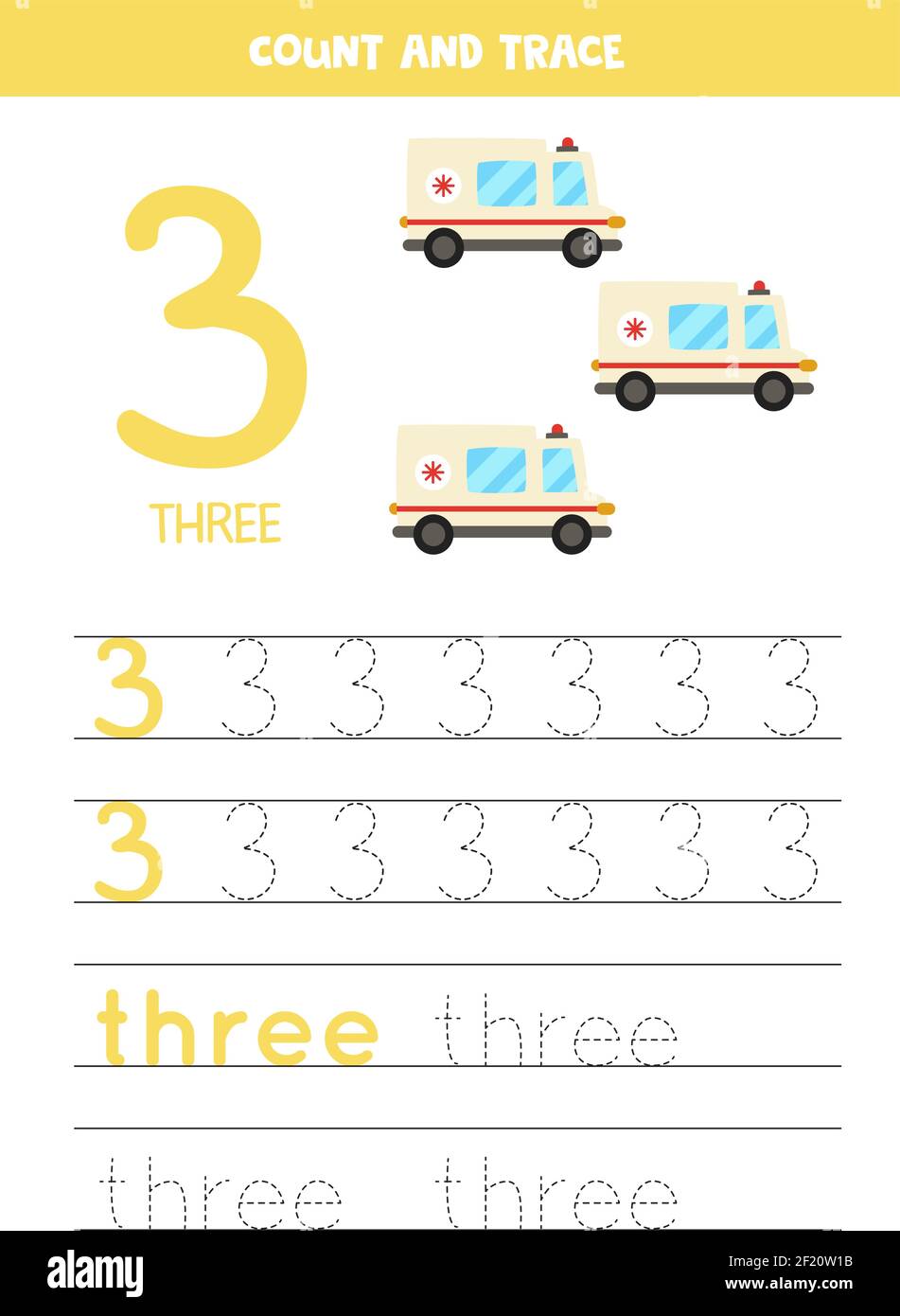 Tracing number 3 and the word three. Handwriting practice for kids with ...