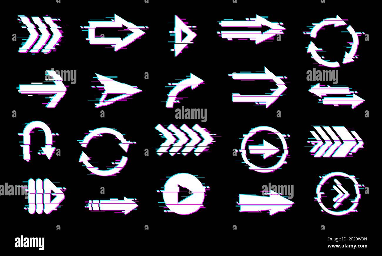 Arrows pointers icons, web navigation design elements with glitch ...