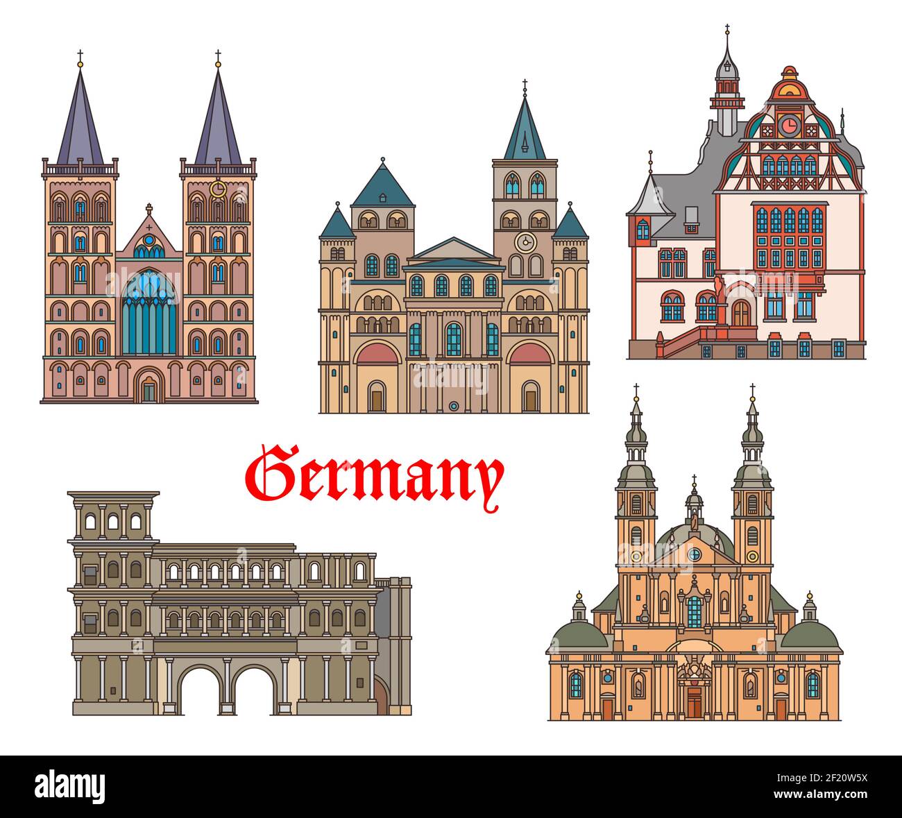 Germany landmarks architecture in Trier and Fulda German cities, vector ...