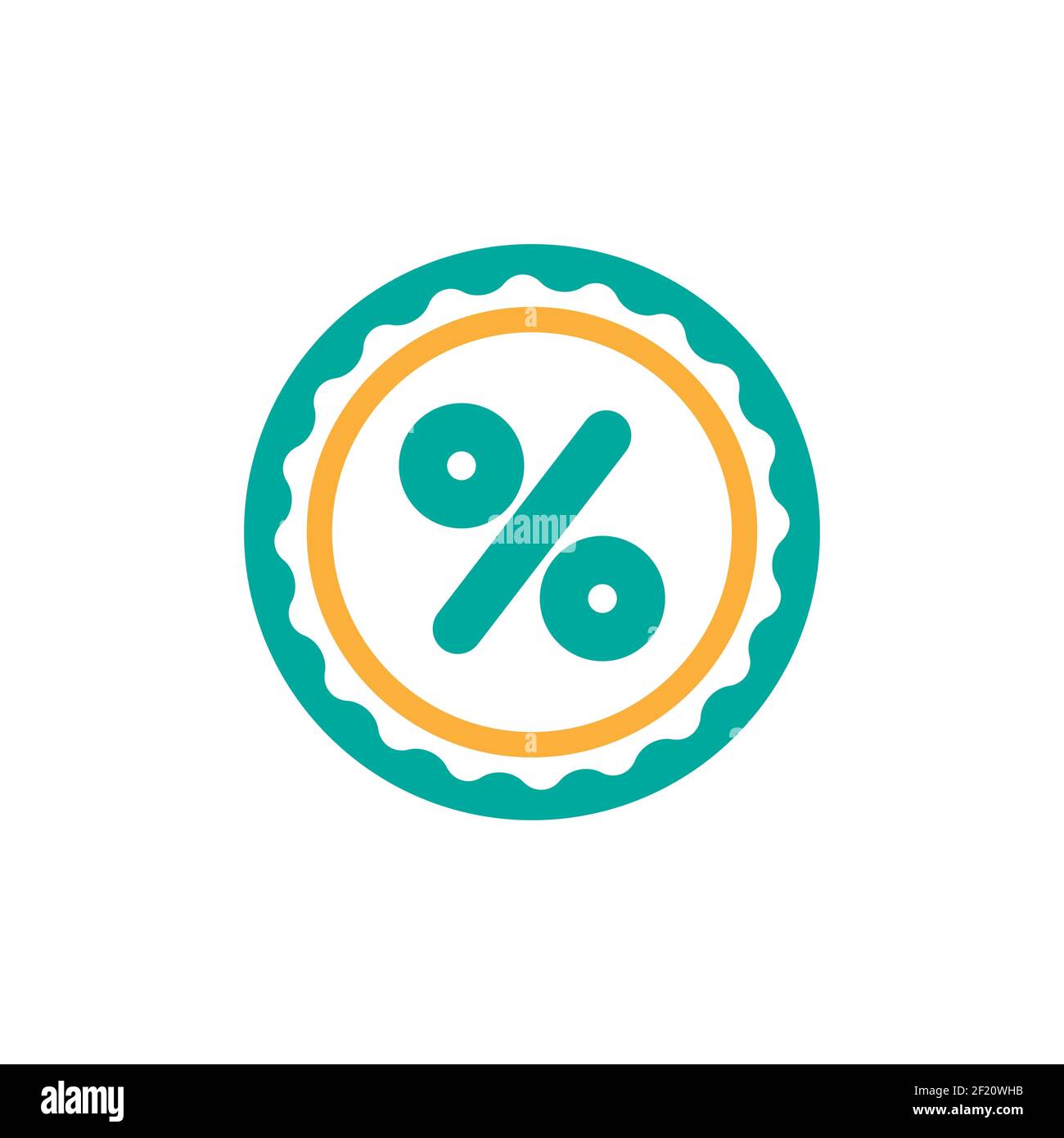 Percent icon in orange and blue circle with ribbon outline isolated on ...