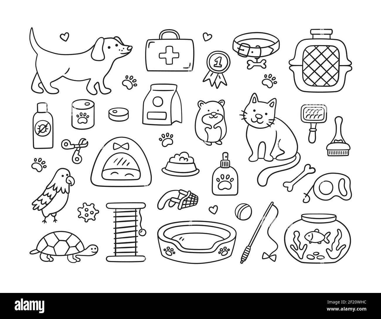 Hand drawn set for pet shop and veterinary clinic. Pets, food, toys ...