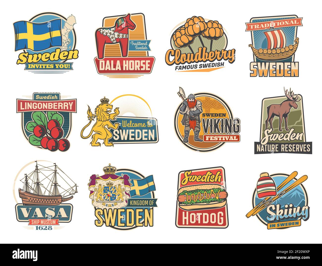 Travel to Sweden vector icons with traditional swedish landmarks. Retro ...