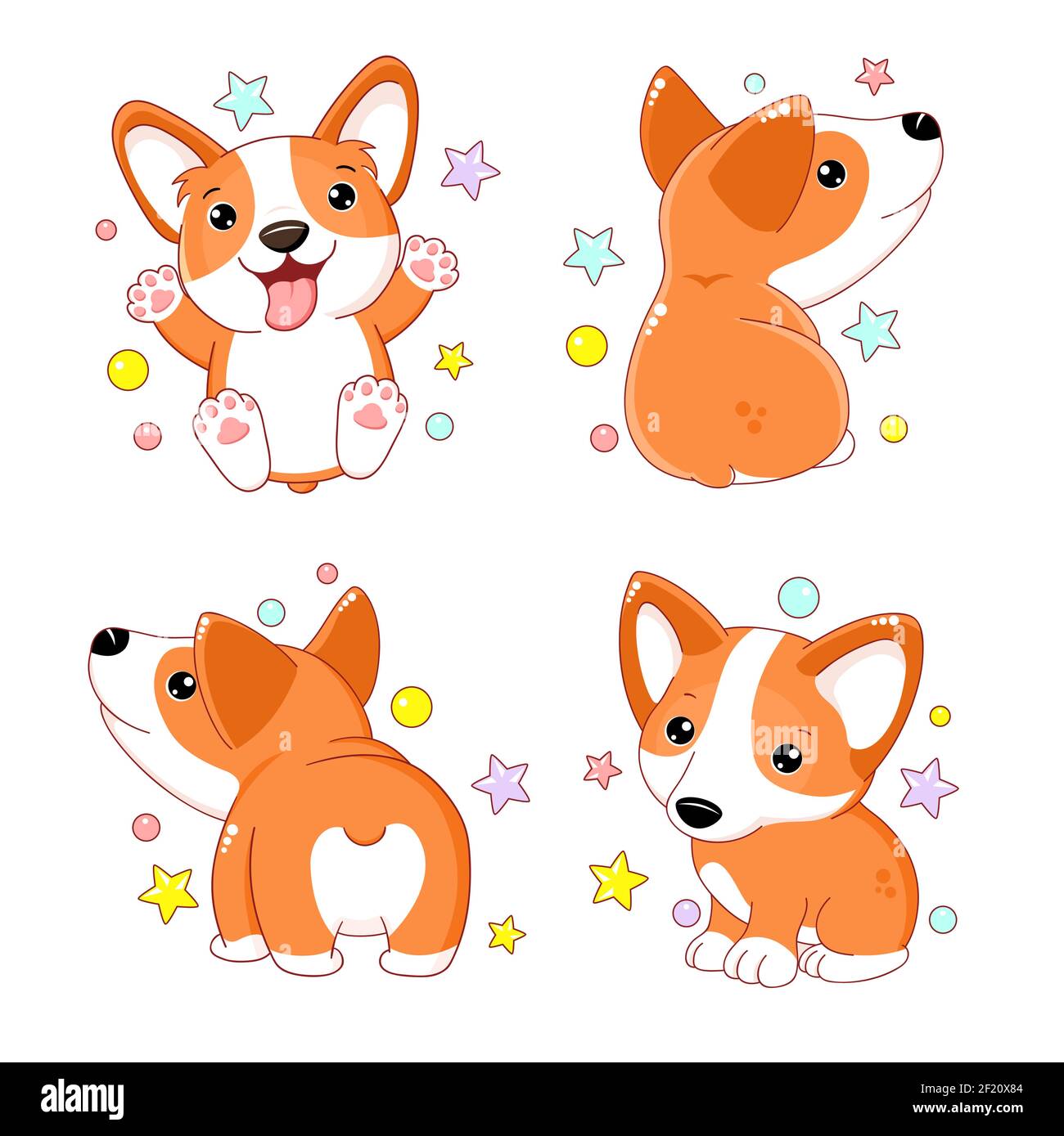 Set of cute corgi dog. Collection of kawaii welsh corgi puppy. Vector ...