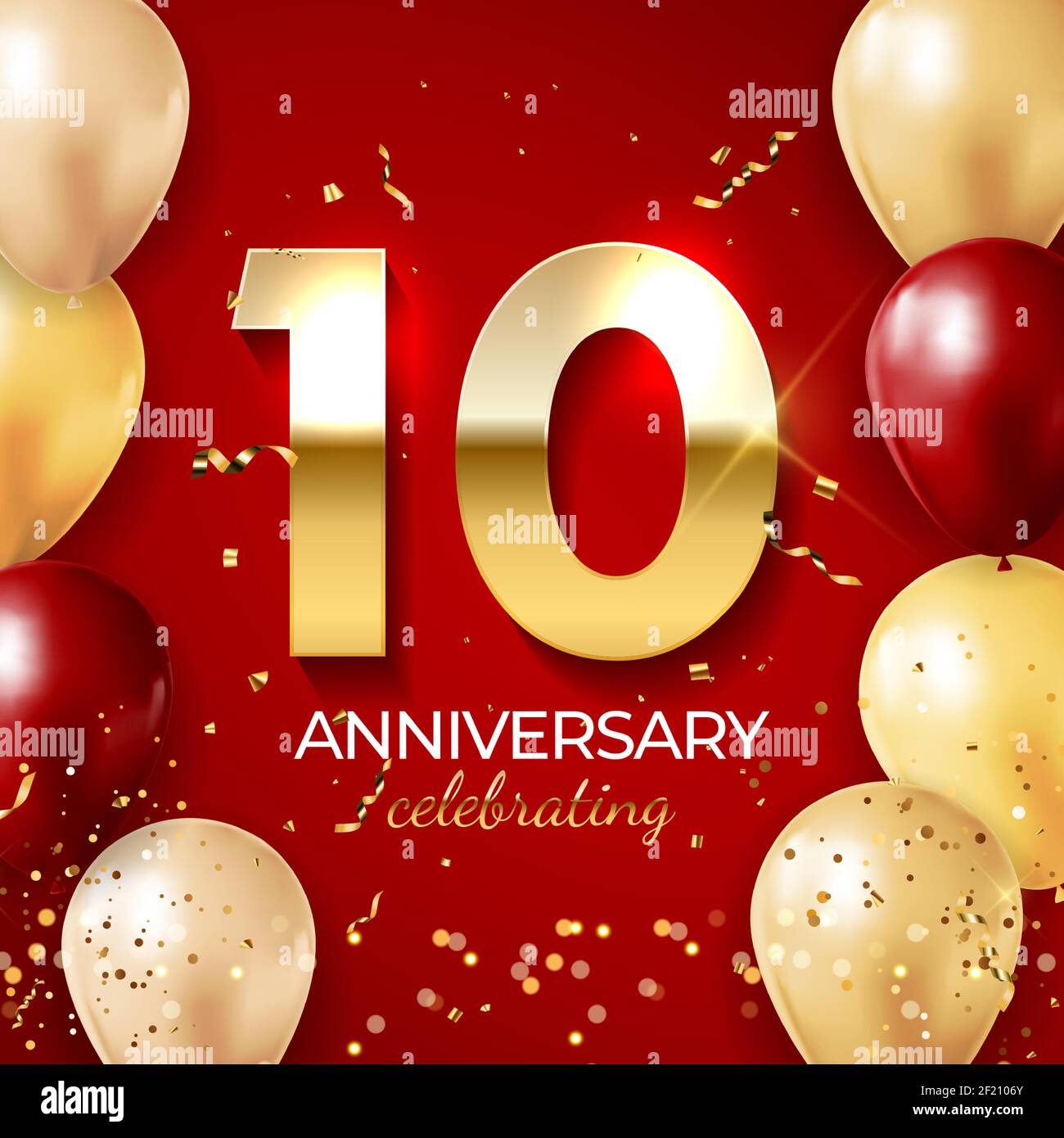 Anniversary celebration decoration. Golden number 10 with confetti ...