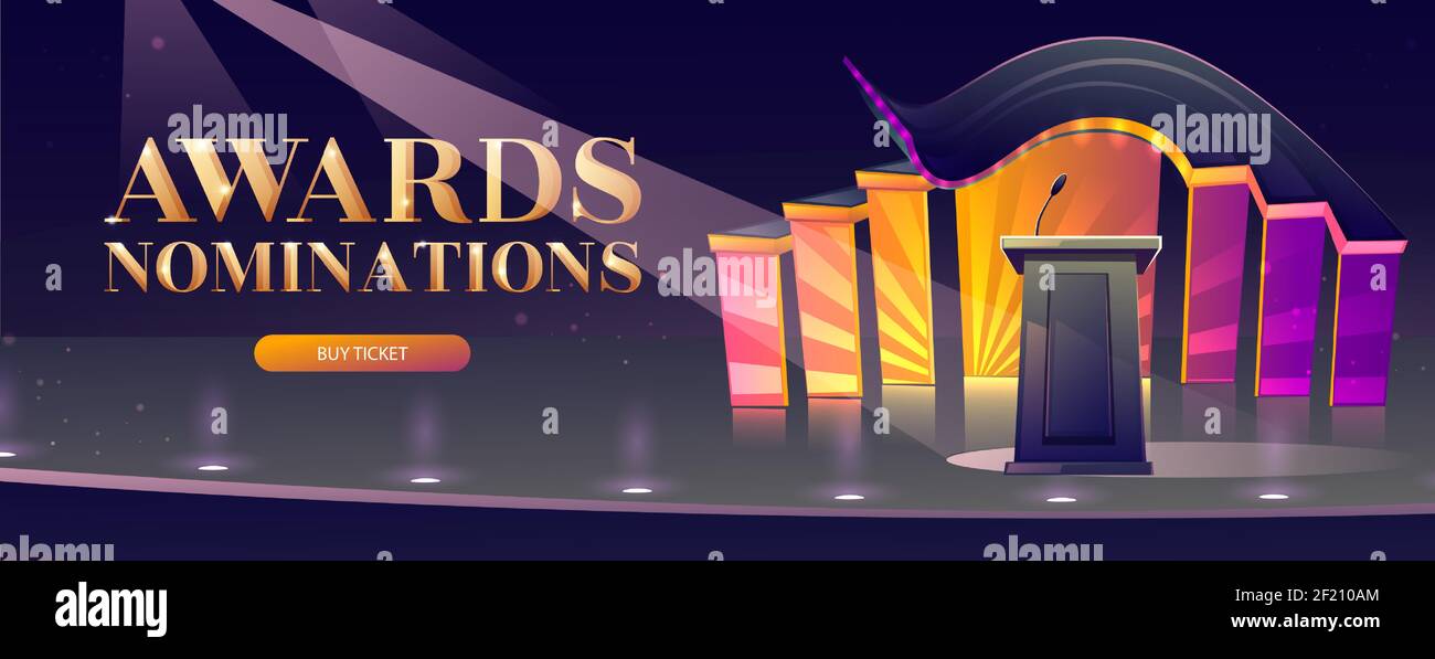 Award nominations cartoon banner with tribune, microphone, glowing ...