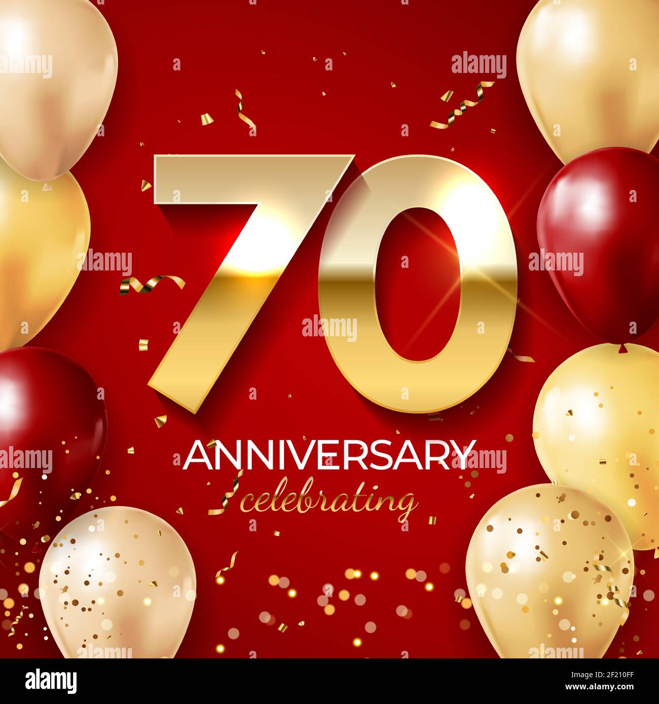 Anniversary celebration decoration. Golden number 70 with balloons ...