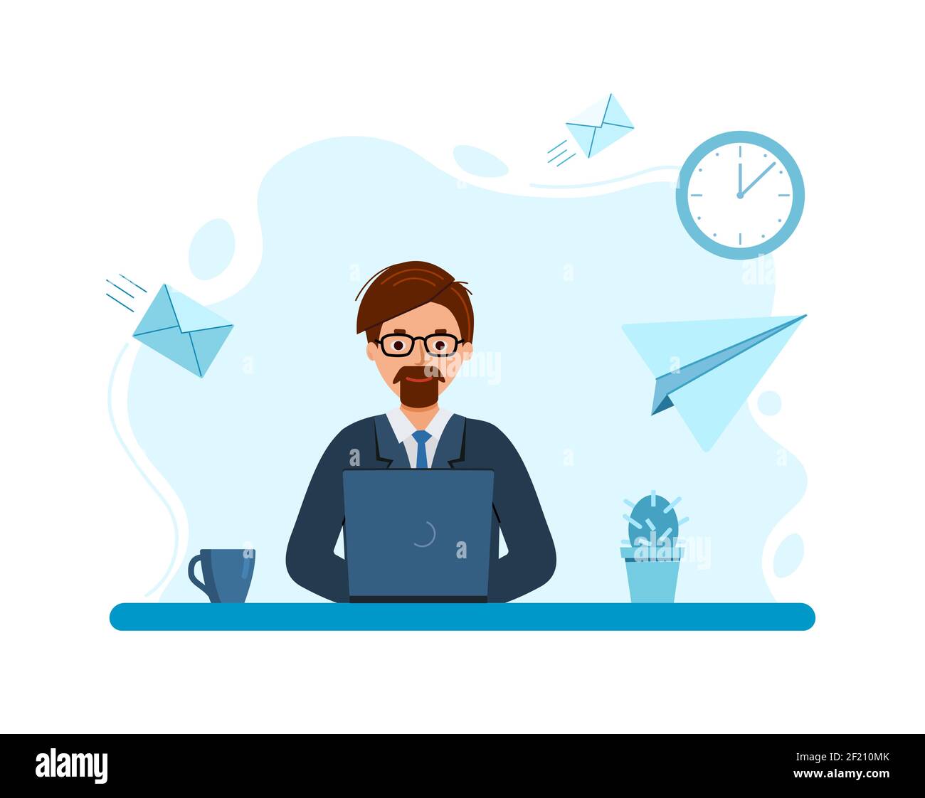 Business man in a suit working on a laptop computer and office desk ...