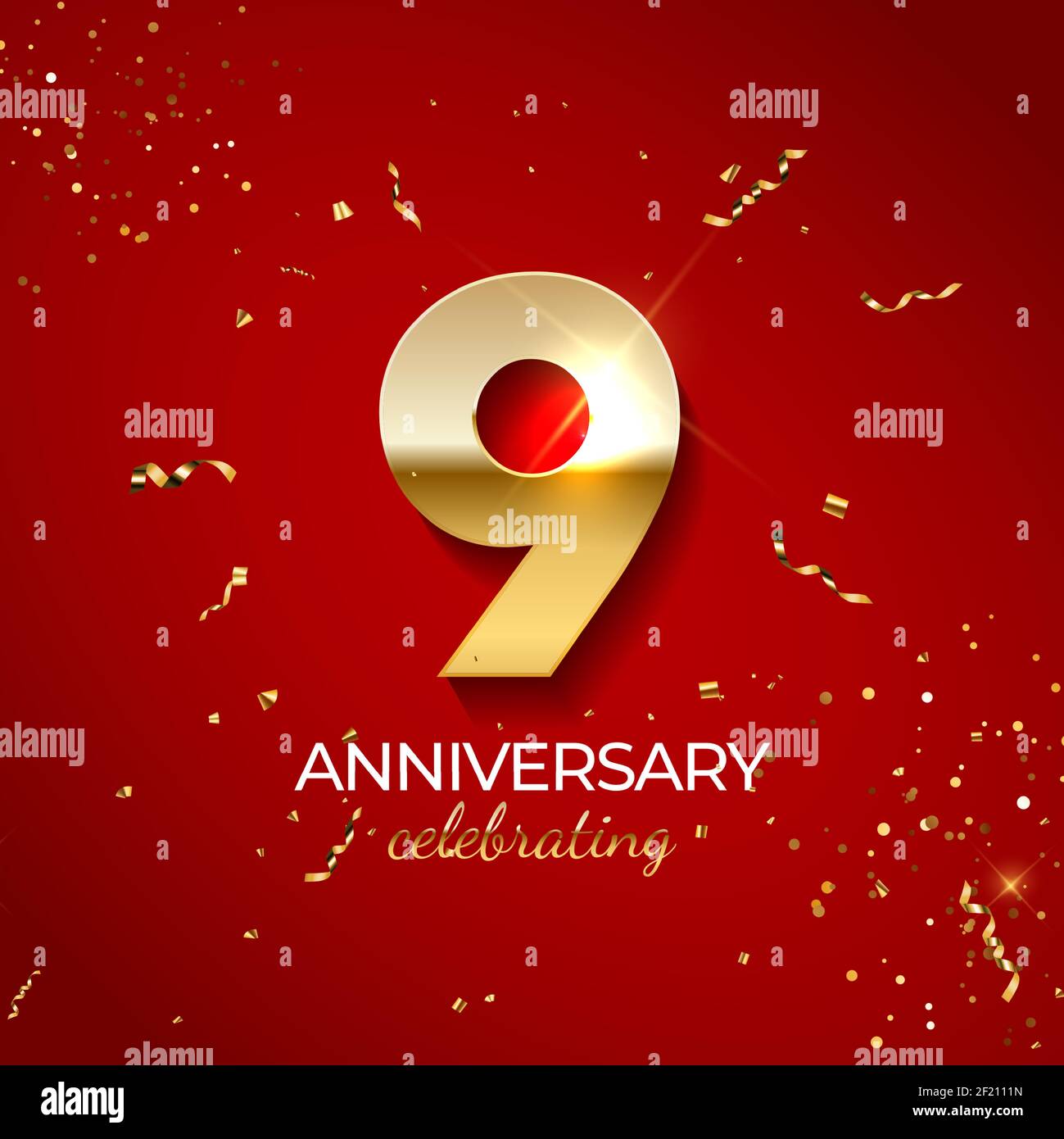 Anniversary celebration decoration. Golden number 9 with confetti ...