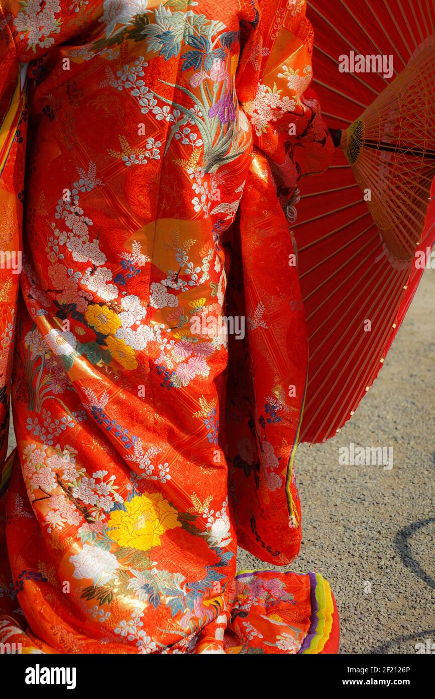 Red twelve-layered ceremonial kimono (Japanese national costume Stock ...