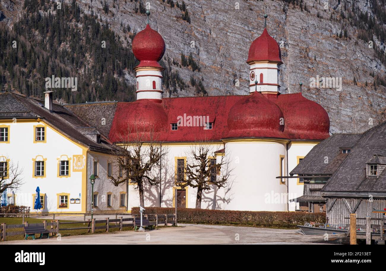 Germany, Bavaria, Berchtesgaden, Lake Konigssee, St Bartholomew Church ...