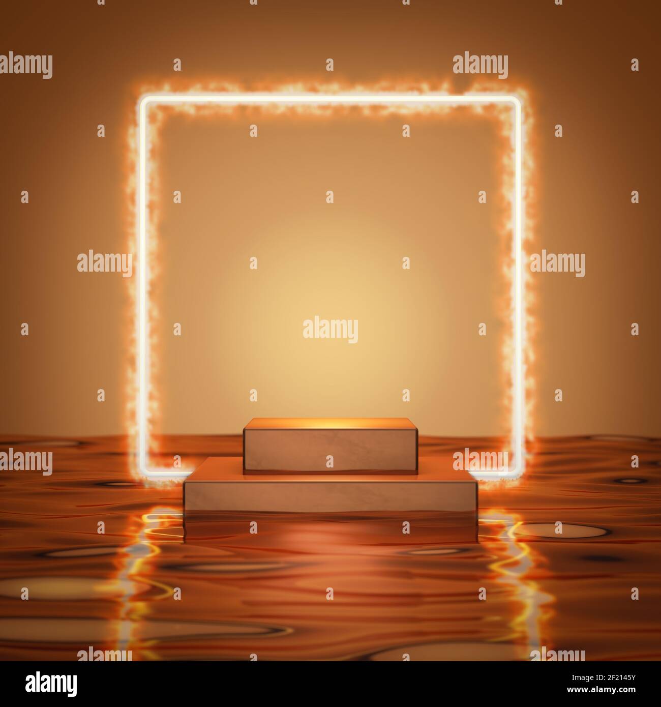 Podium with a fiery square frame against a background of liquid waves ...