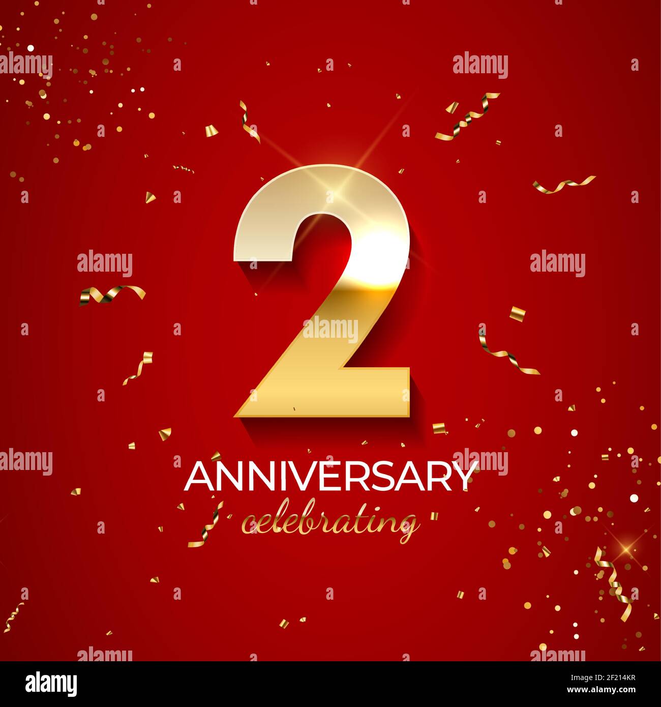 Anniversary celebration decoration. Golden number 2 with confetti ...