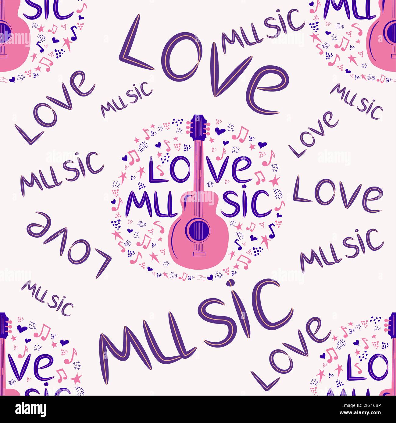 Love music seamless pattern with country guitar, music notes, treble ...