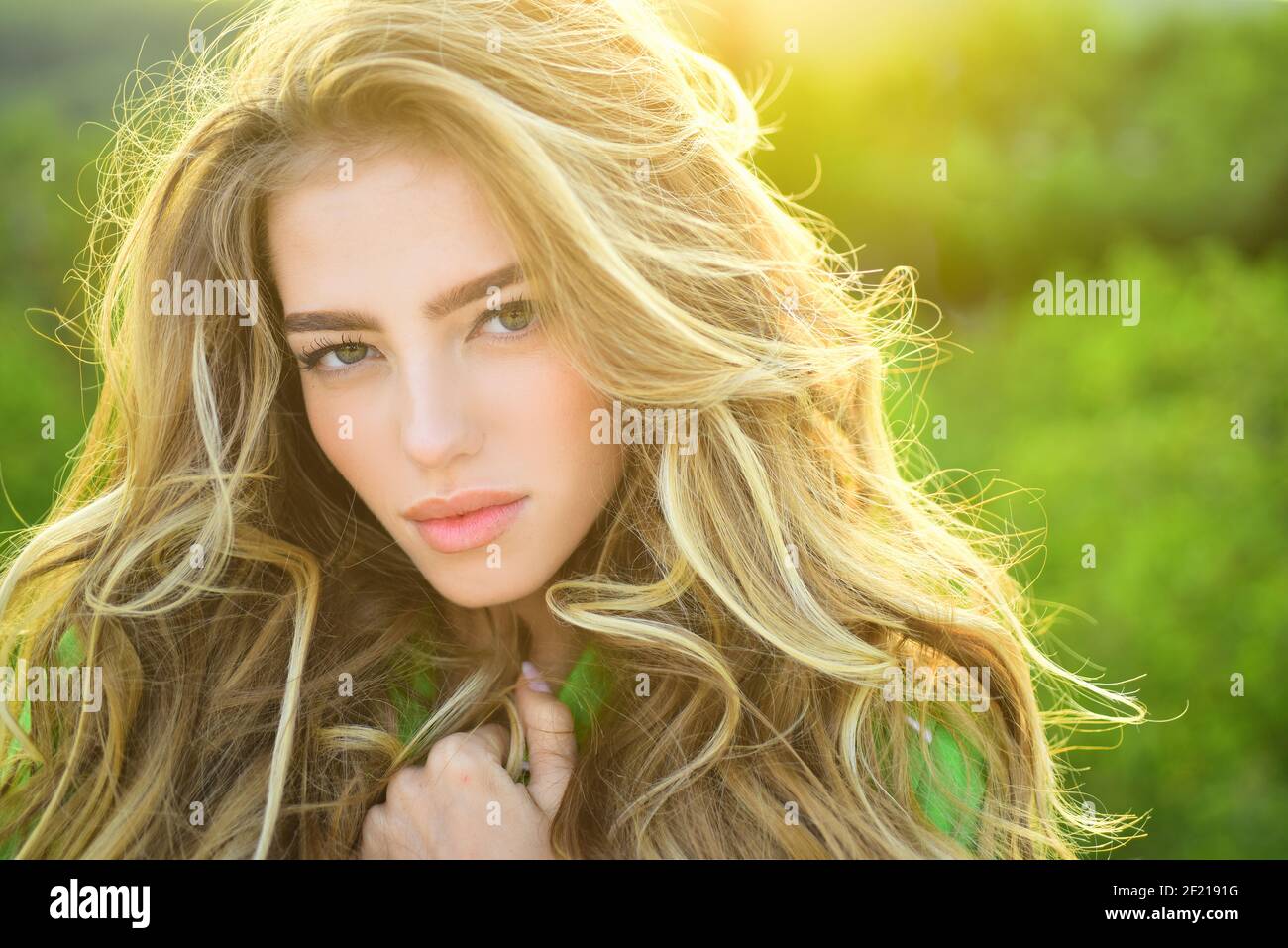 Summer woman outdoor. Treatment skincare beauty girl. Sunny portrait ...