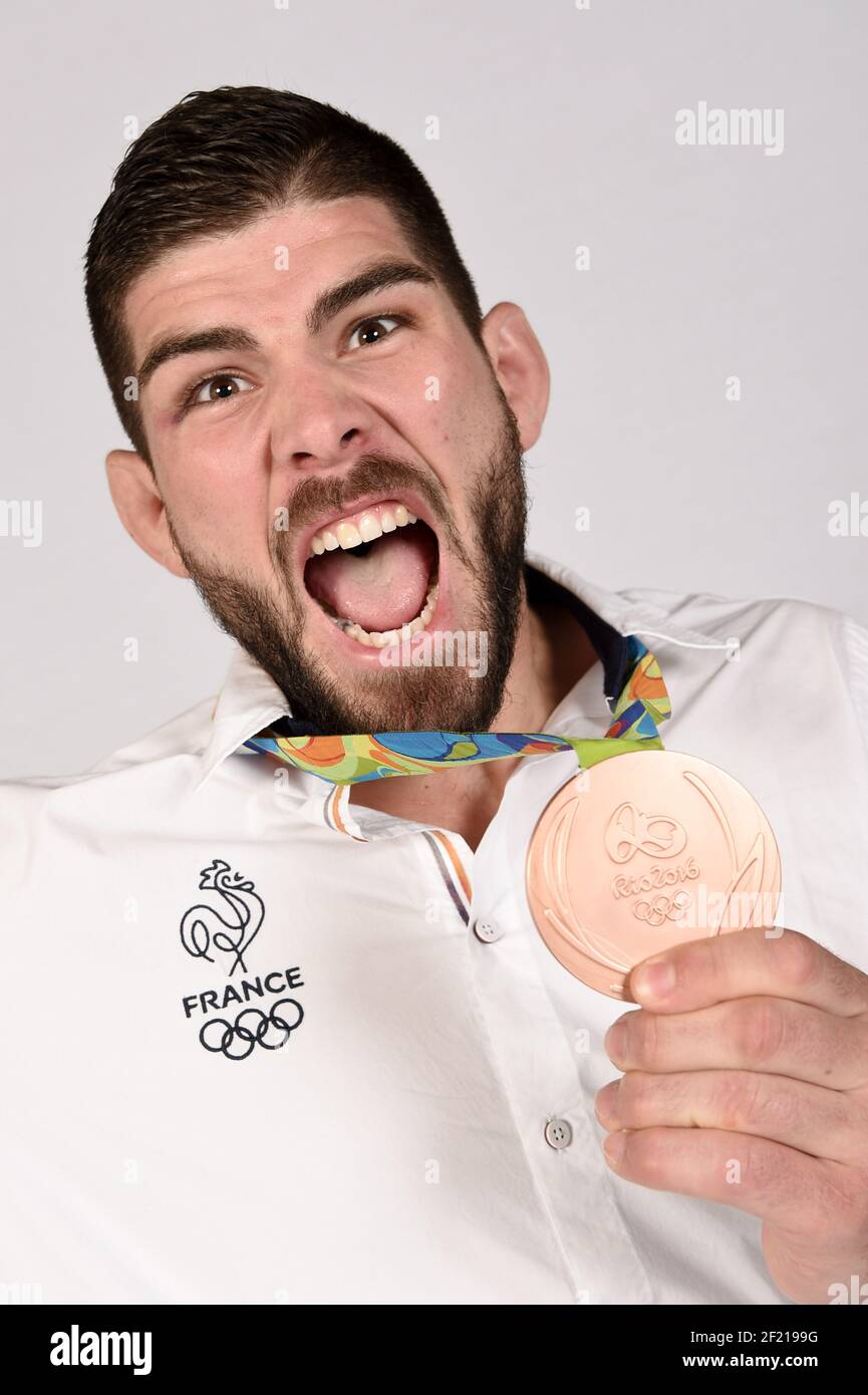 French Bronze medalist in judo Cyrille Maret poses at club France, during the Olympic Games RIO ...