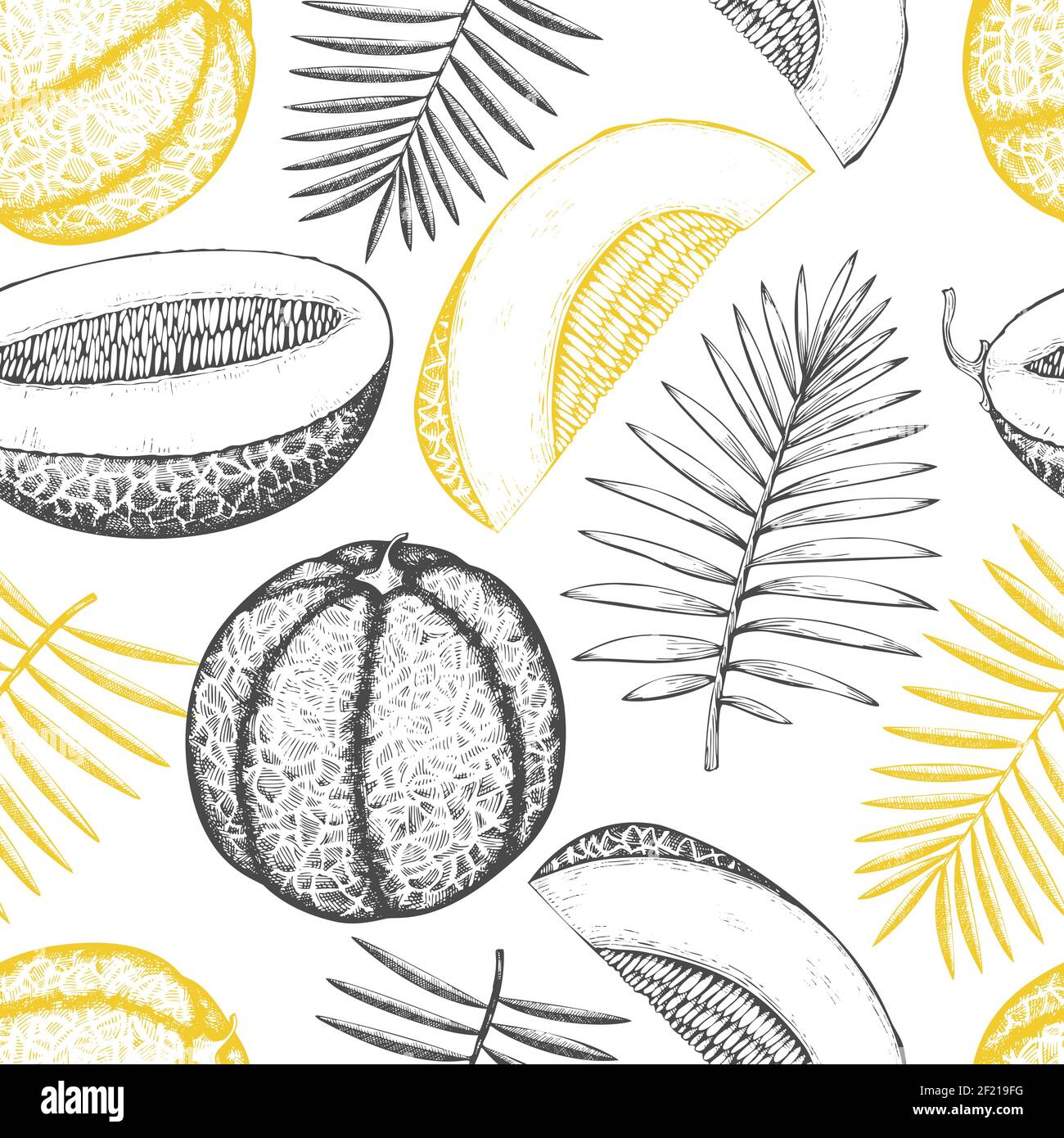 Melons with tropical leaves seamless pattern. Hand drawn vector exotic ...