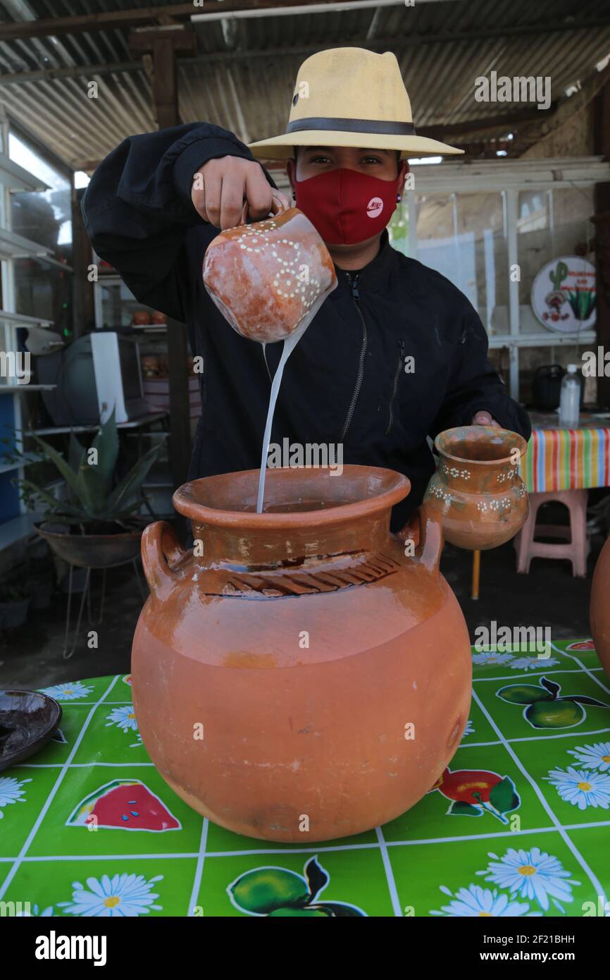 Non Exclusive: ACOLMAN, MEXICO - MARCH 9: A person offers Mexican drink ...
