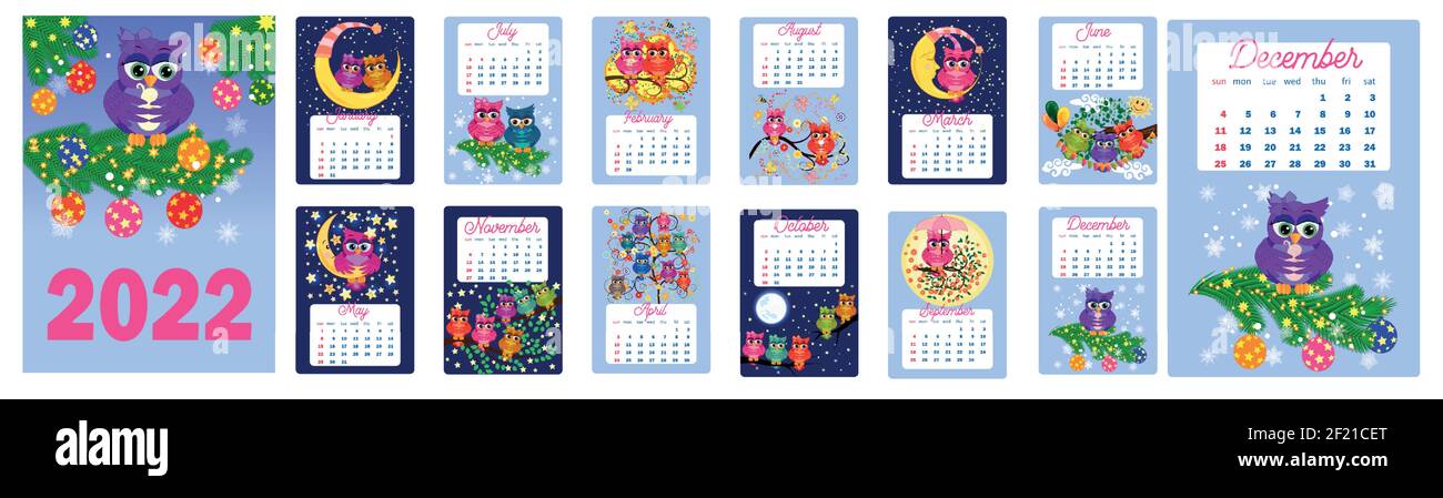 Calendar 2022. Cute owls and birds for every month. Wall vertical ...