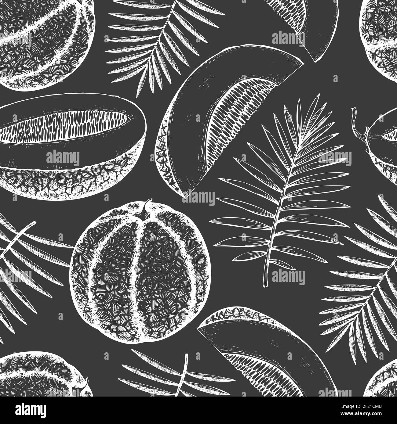 Melons with tropical leaves seamless pattern. Hand drawn vector exotic ...