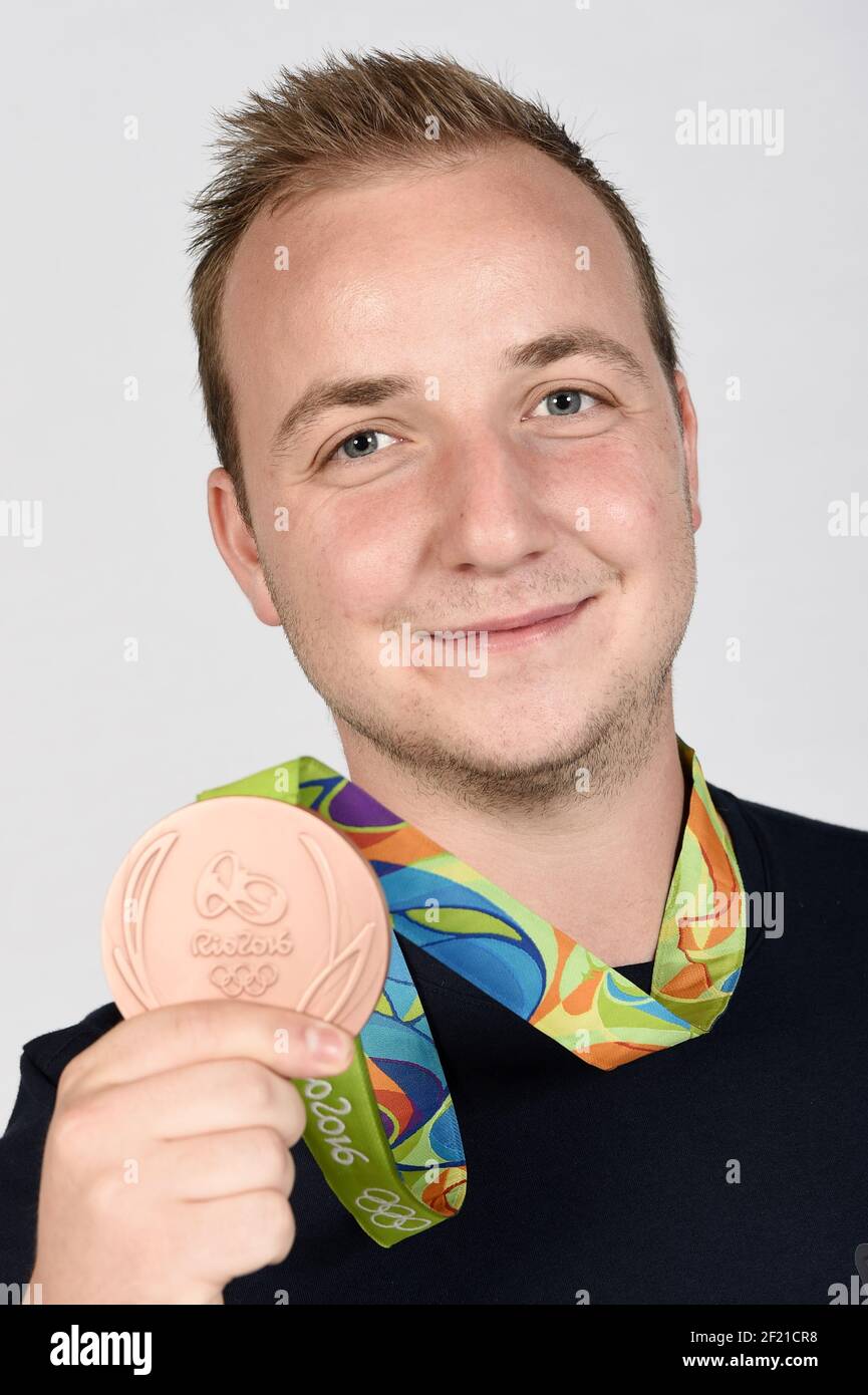 French bronze medalist Alexis Raynaud in shooting poses at club France ...