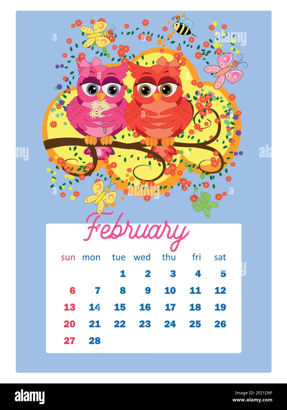 Calendar 2022. Cute owls and birds for every month. Wall vertical ...