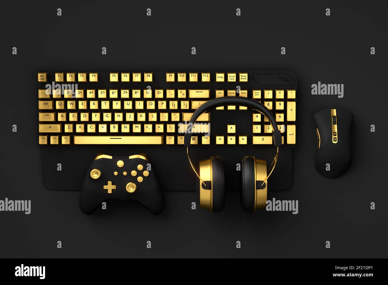 Top view of gamer workspace and gear like mouse, keyboard, joystick ...