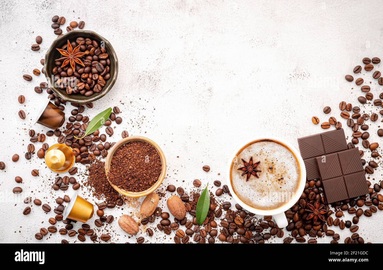 Background of various coffee , dark roasted coffee beans , ground and ...
