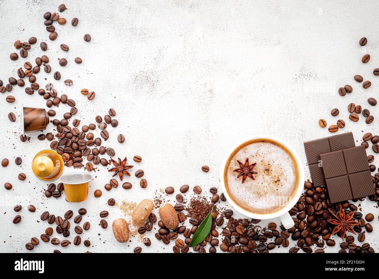 Background of various coffee , dark roasted coffee beans , ground and ...