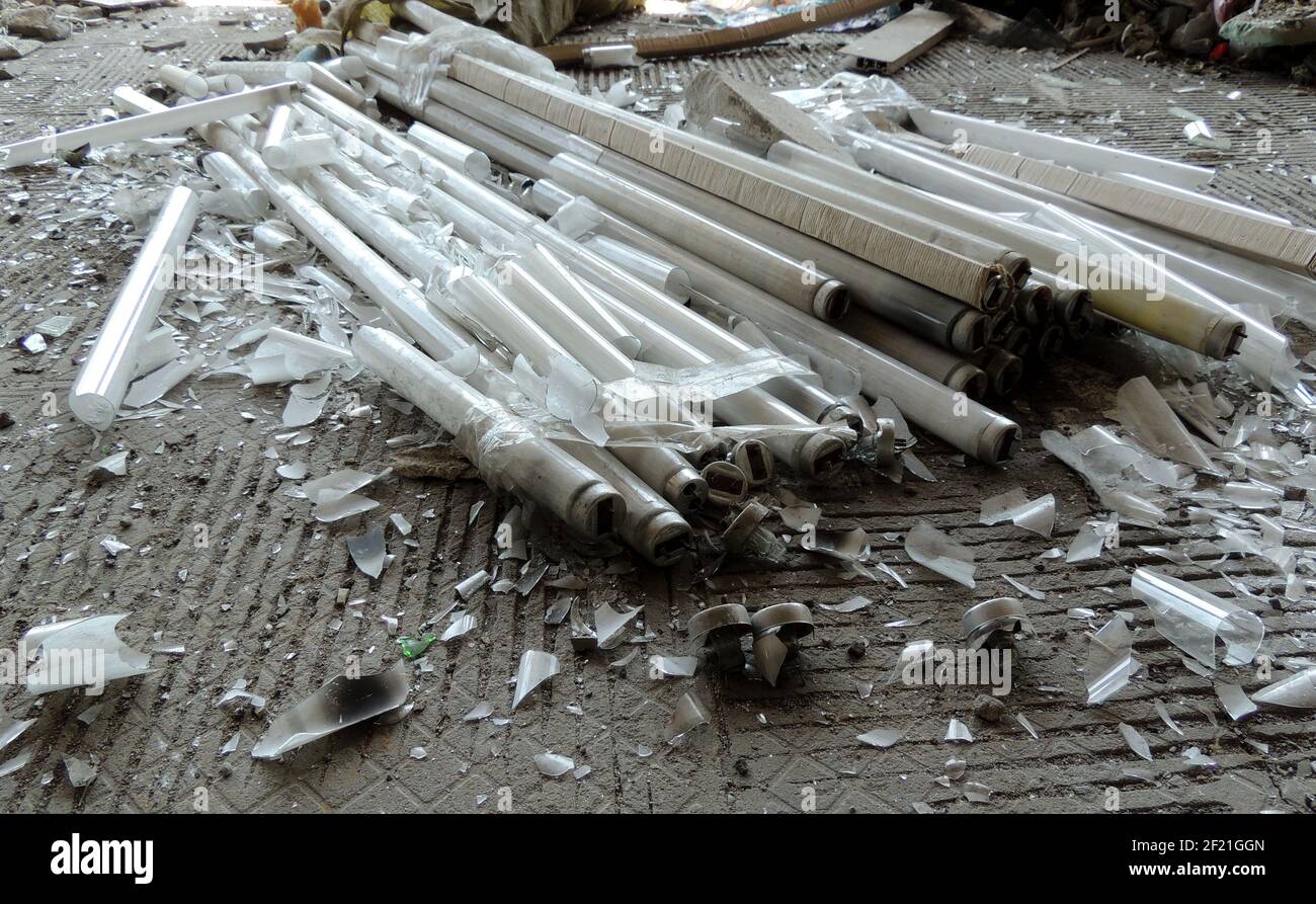 Glass Debris Of Crushed Tube Lamps Stock Photo - Alamy