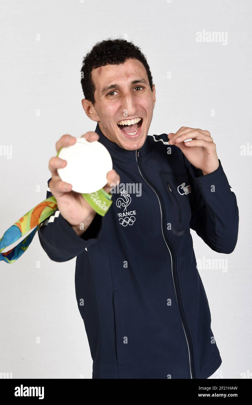 French silver medalist in Boxing 60 kg Sofiane Oumiha poses at club ...