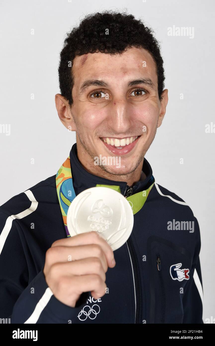 French silver medalist in Boxing 60 kg Sofiane Oumiha poses at club ...
