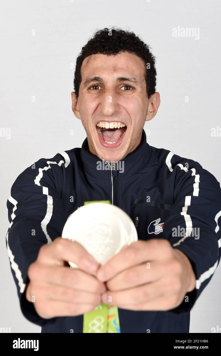French silver medalist in Boxing 60 kg Sofiane Oumiha poses at club ...