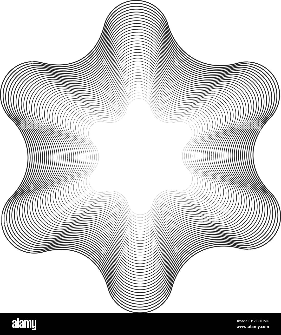 Black circular lines with different width that makes a six pointed ...