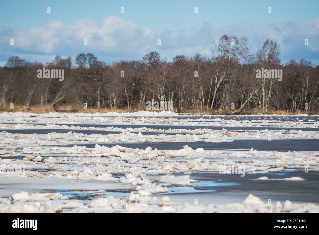 Spring floods. Sedimentation of ice blocks in a river that forms an ice ...