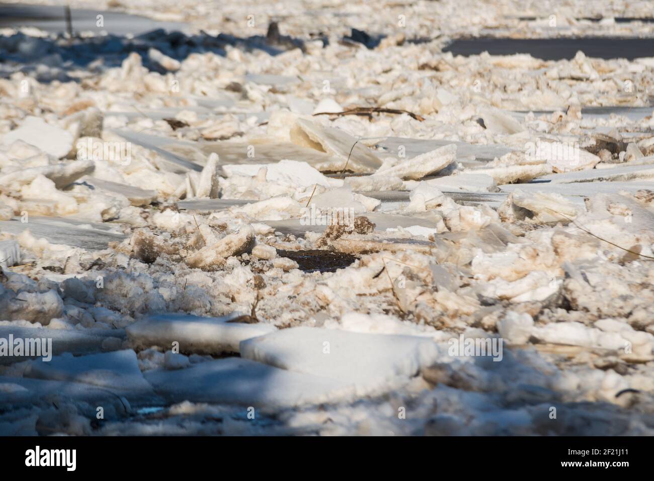 Spring floods. Sedimentation of ice blocks in a river that forms an ice ...