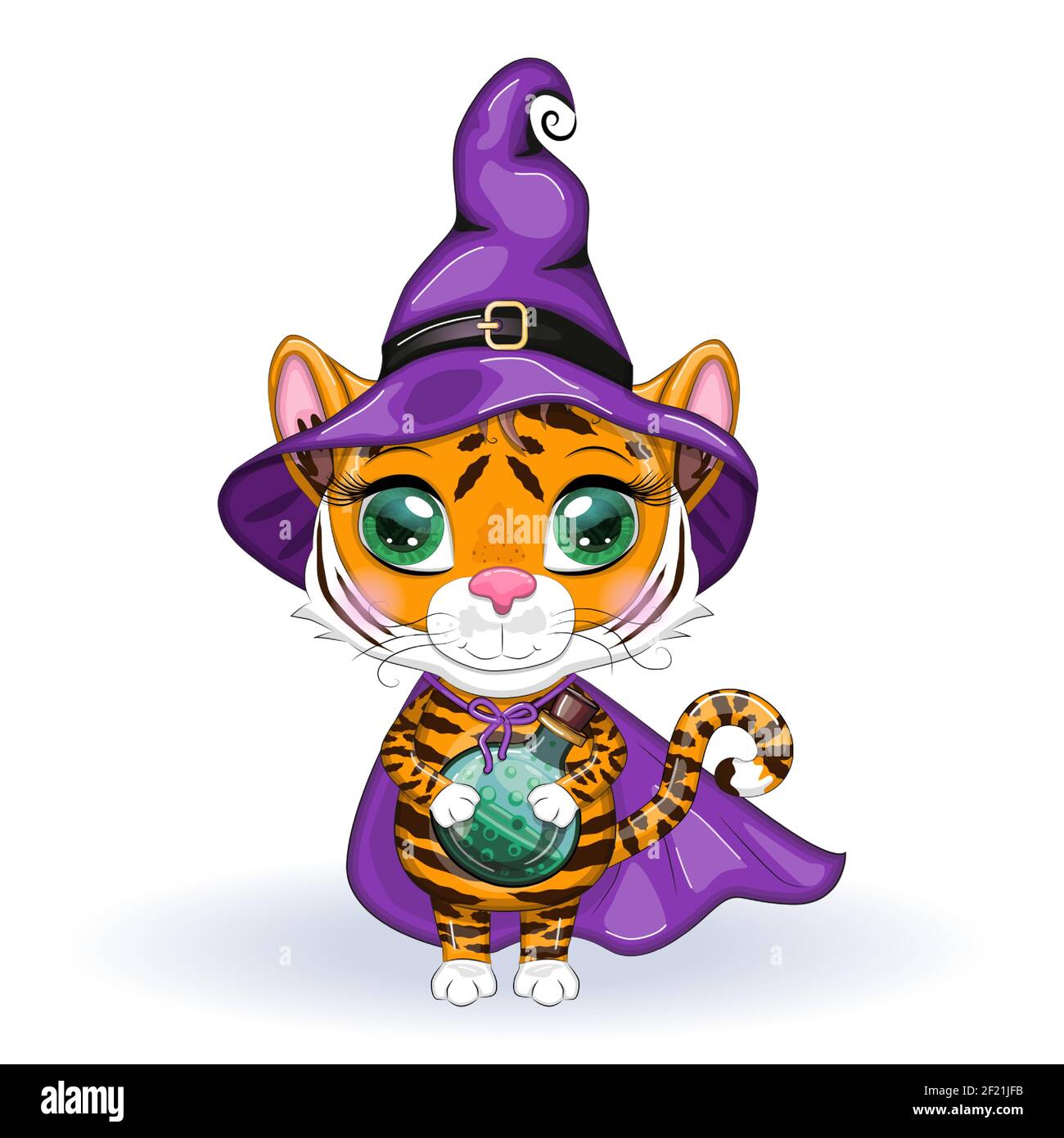Cute cartoon tiger with beautiful eyes, orange in a purple cloak and a ...