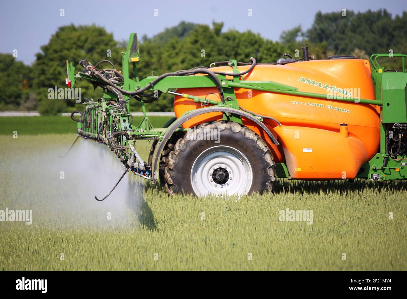 Farmer drives his tractor with crop protection sprayer over his wheat ...