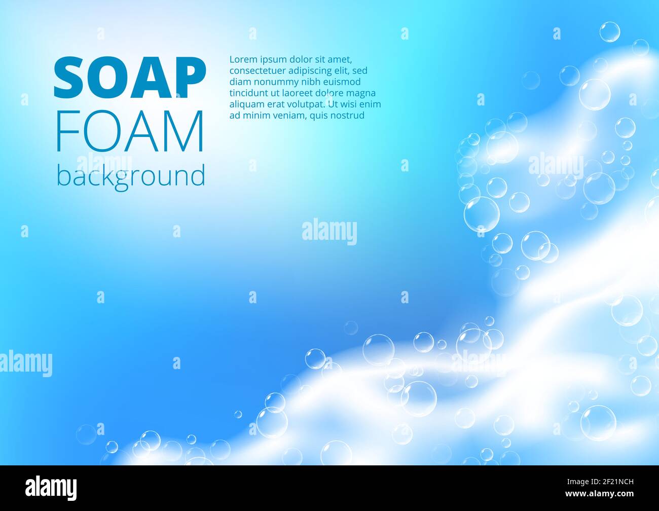 Beautiful blue background with realistic Soap foam with bubbles. Shiny ...