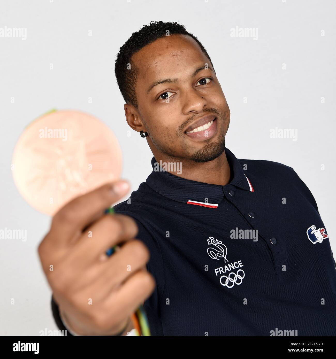 French bronze medalist in 110m hurdles Dimitri Bascou poses at club ...