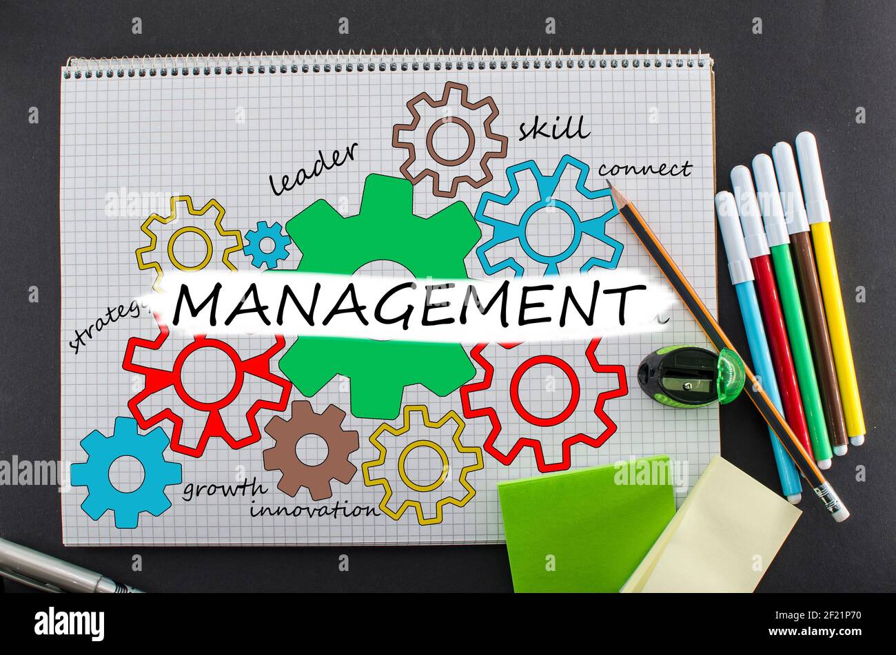 Management concept. Top view of colorful drawing of gears in notepad ...