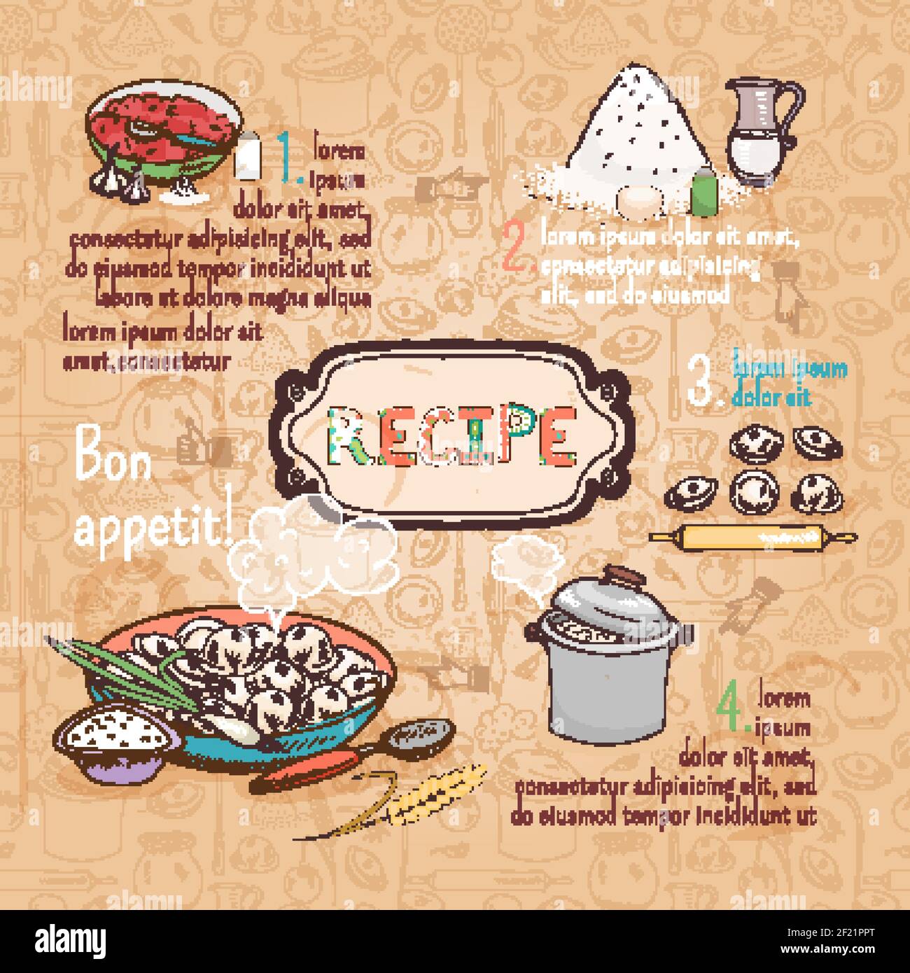 food ingredients recipe for ravioli, hand drawn vector illustration ...