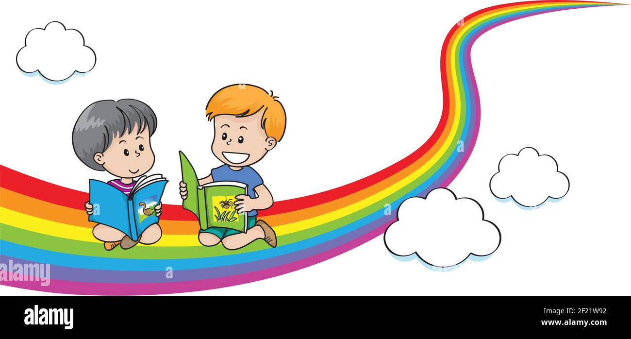vector cartoon reading kids with rainbow border frame background Stock ...